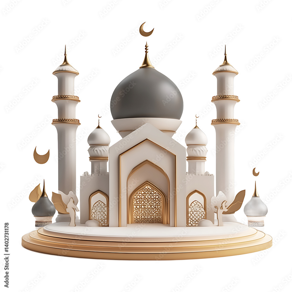 Elegant Mosque with Crescent Moon in Cream and Gold Colors for Islamic ...