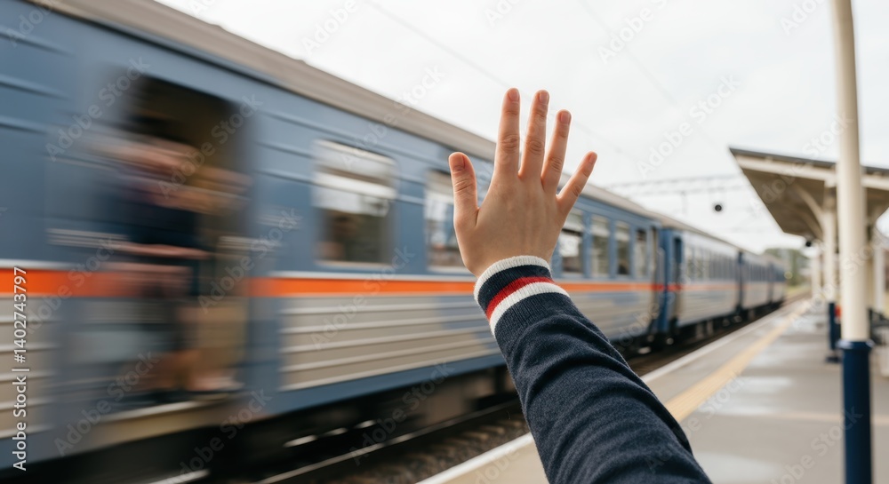 Hand waving goodbye as train departs from platform capturing motion and ...