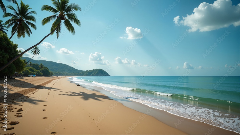 Tropical beach scenes in India Goa with footprints in sand, palm trees ...
