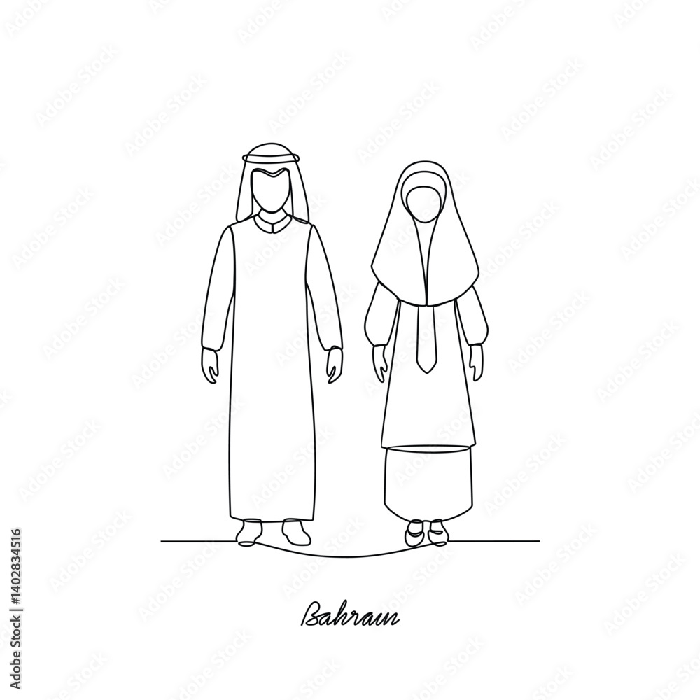 One continuous line drawing of Bahrain country couple clothes vector ...
