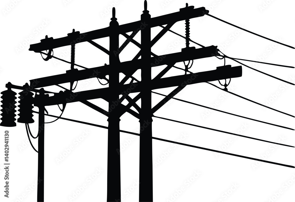 Silhouette Of Power Lines And Utility Pole Transmission With Electrical ...