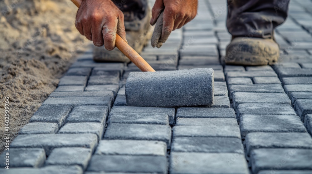 Paver laying interlocking bricks in a driveway. Featuring precision and ...