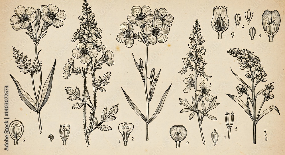 Botanical illustration showcasing various plants and their detailed ...