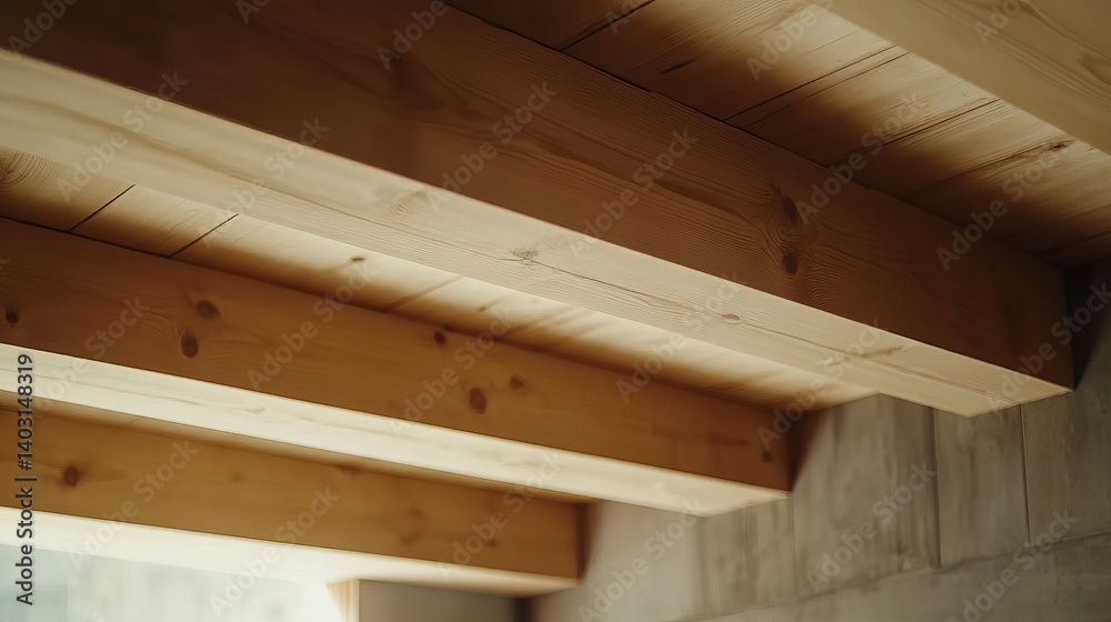 Carpenter fitting wooden beams into ceiling structure. Featuring ...