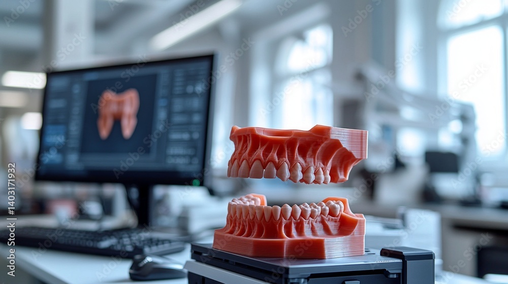 3D model of teeth on a table with a monitor displaying a digital ...