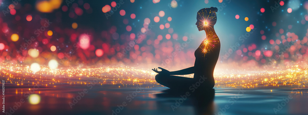 Inner Light: A woman meditates, radiating ethereal energy amidst a ...