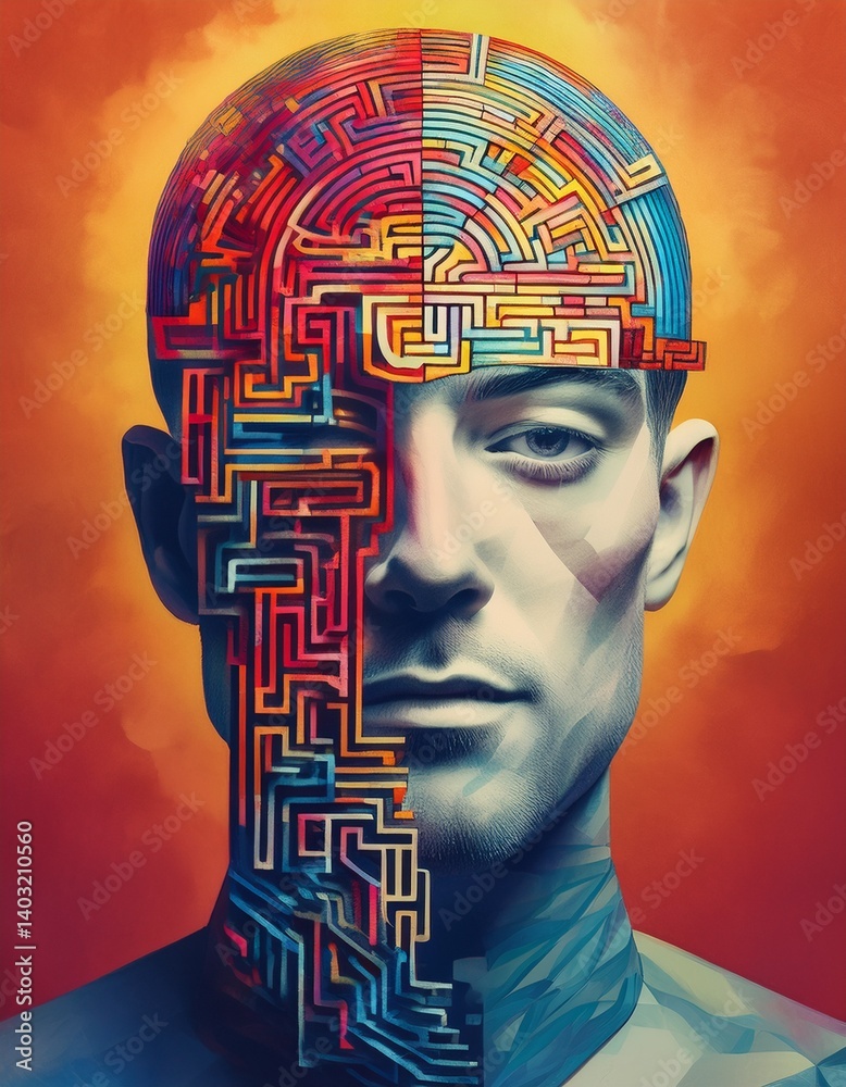 Surreal Collage of Person with Maze Brain – Symbol of Mental Confusion ...