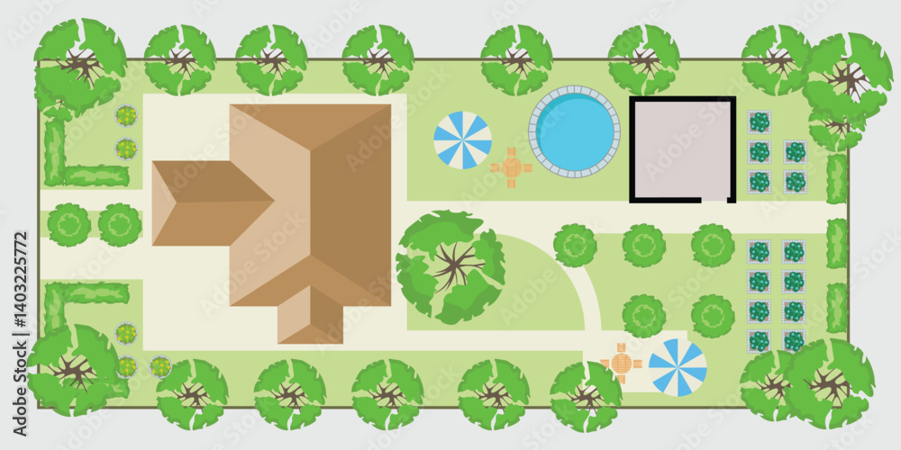 Design plan with house, courtyard, lawn and garage top view. Highly ...