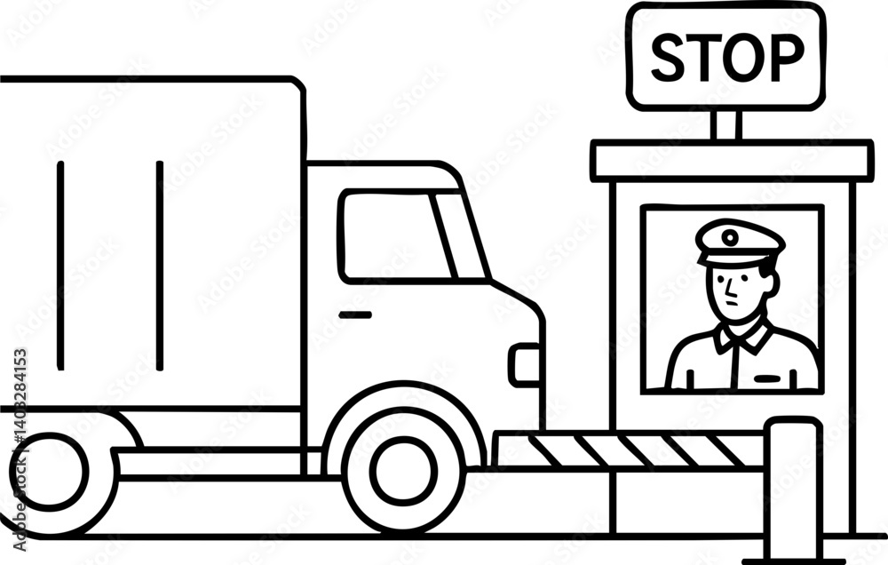 Import Tariffs trade impact concept. Truck at a checkpoint with a guard ...