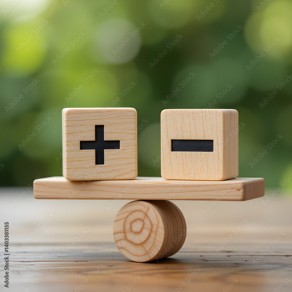Balance Concept with Plus and Minus Symbols on Wooden Blocks, Seesaw ...