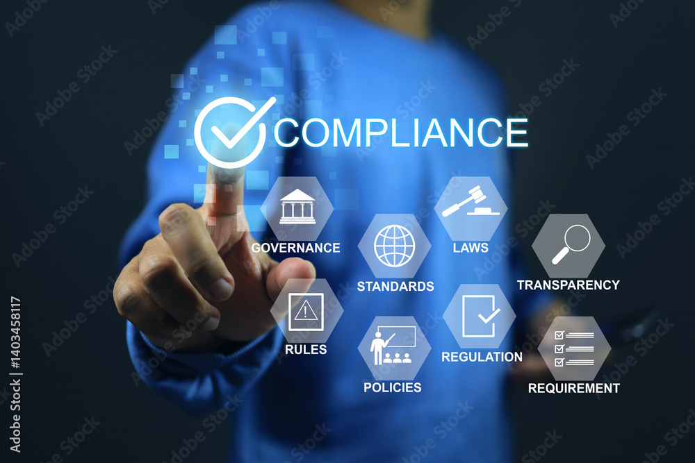 Compliance concept with a man tick checkmark to applied standard and ...