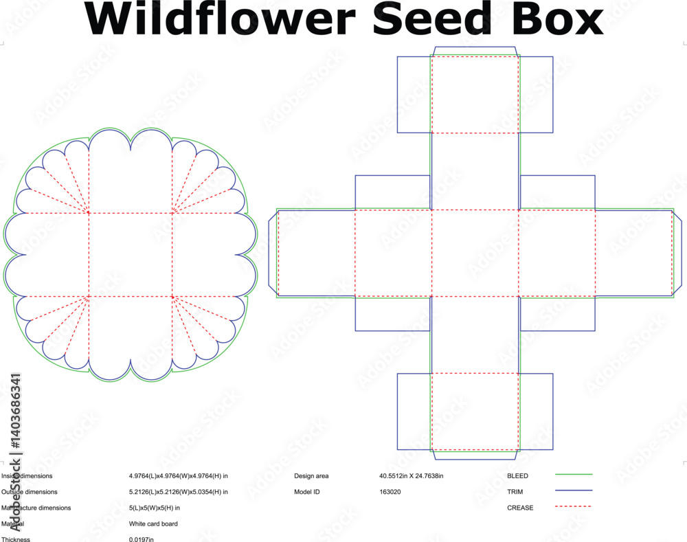 Wildflower Seed Box Packaging Template With Bleed Trim And Crease Lines ...