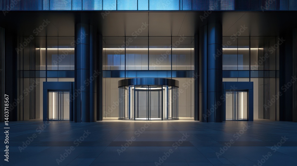 A high-rise skyscraper entrance with wide revolving doors a minimalist ...