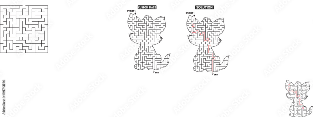 Cute Cat-Shaped Maze Puzzle with Solution - Fun Activity for Kids and ...