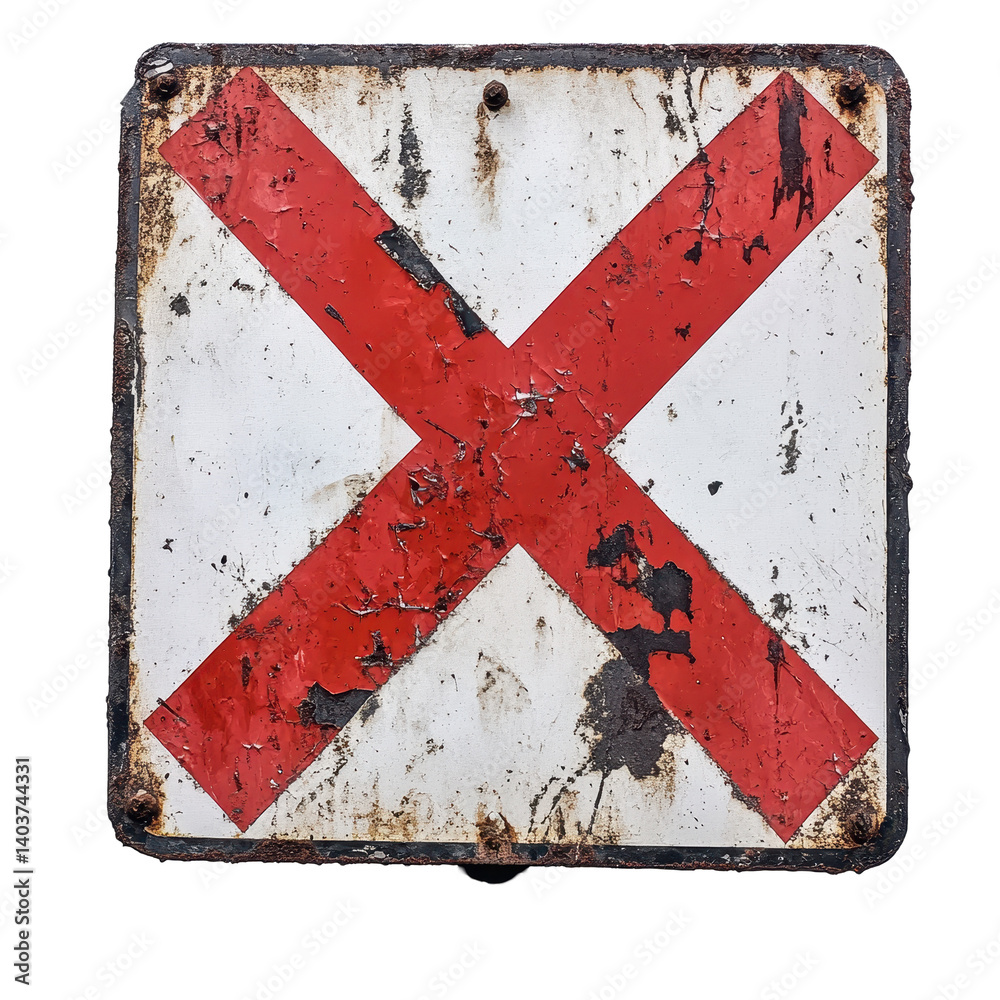 Old battered sign with a bold red cross marking an abandoned site in a ...