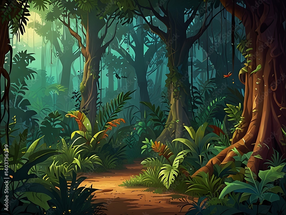 beautiful cartoon jungle Landscape Scenery background illustration ...