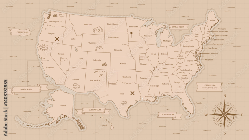 USA Map Exploration: A detailed, vintage-style map of the United States ...