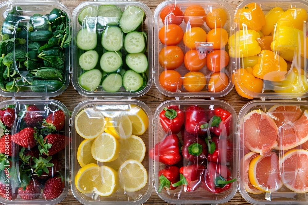 Fresh fruits and veggies in clear containers display vibrant colors, exploring the different ...