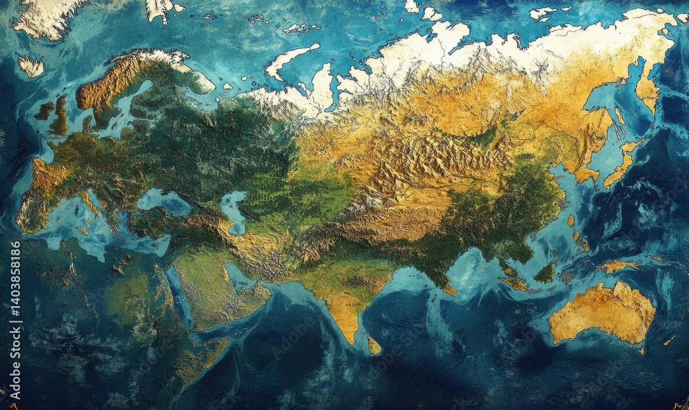 Eurasia topographic map, showing landforms, oceans, background for ...