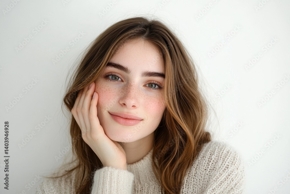 Young European woman touching her cheek and smiling at camera over ...