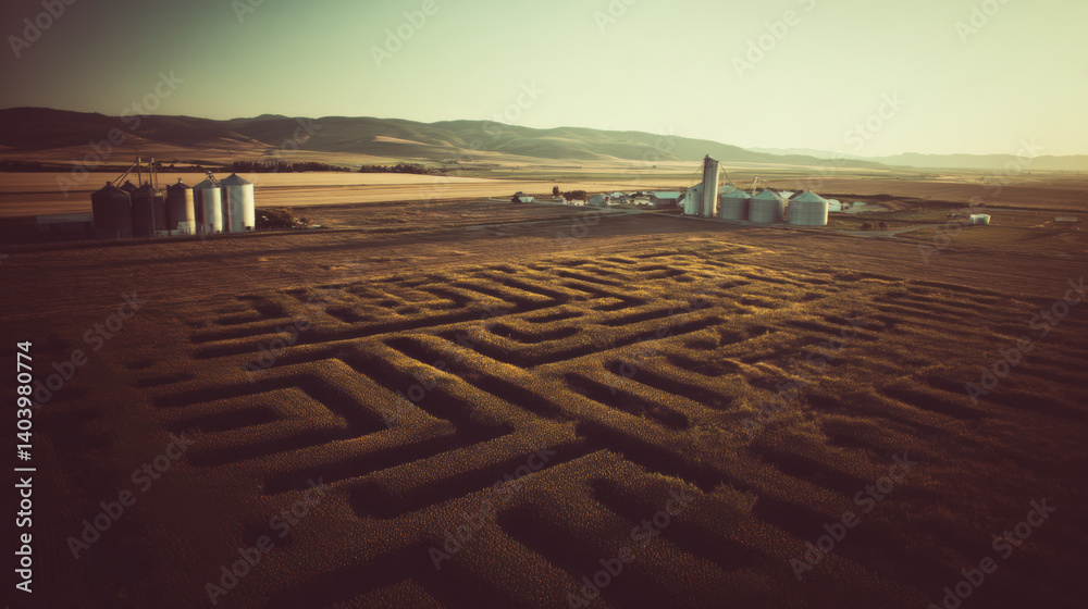 Wide-angle aerial image of a barley maze glowing in late afternoon ...