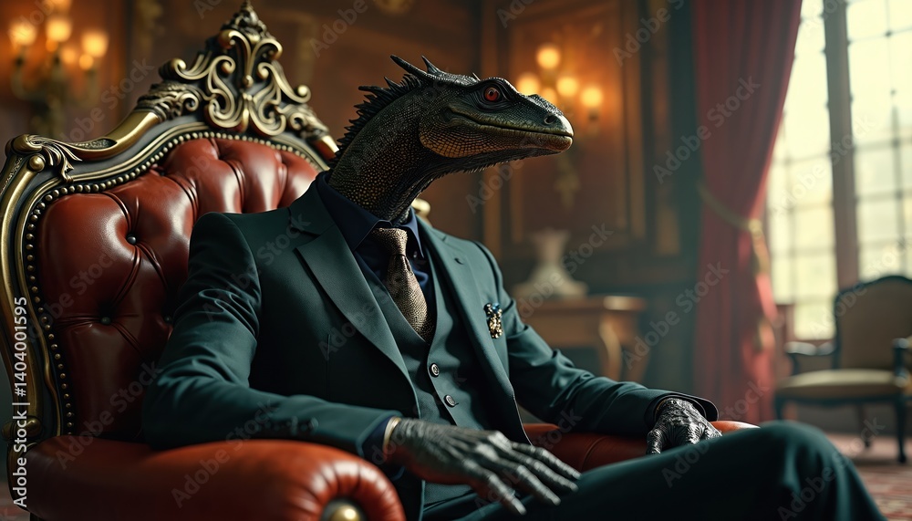 Dark reptilian ruler portrait in business suit. Secret agent ufo sits ...