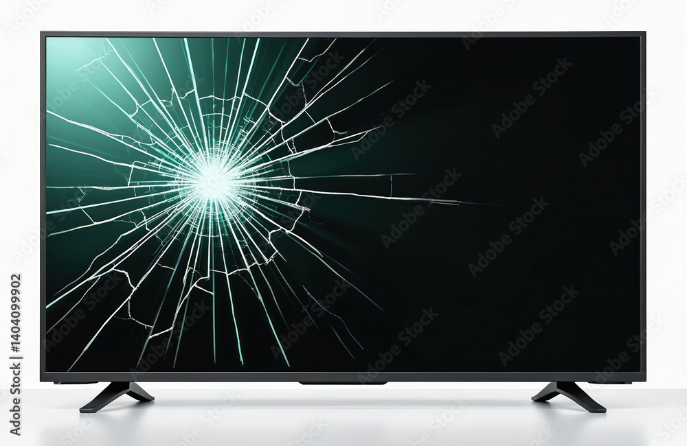 Broken LCD TV screen isolated on white background. Fractured display ...