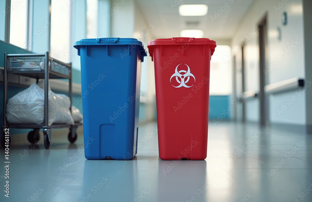 Hospital waste bins with biohazard symbol. Red and blue containers for ...