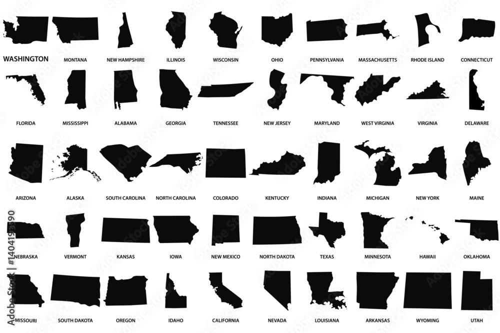 United States map silhouette featuring all 50 states in a vector ...