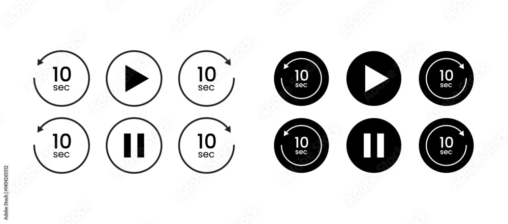 Black and White Audio Playback Control Icon Set with 10 Second Skip ...