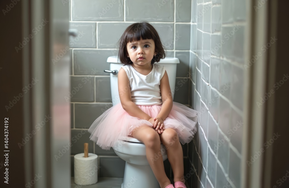 Little girl in pink dress sits on toilet. Child in bathroom with gray ...