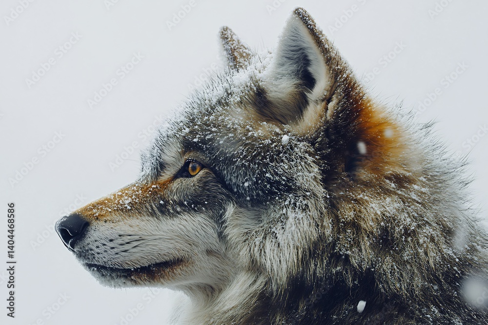 Zoomed side profile of dire wolf head white background sharp fur and ...