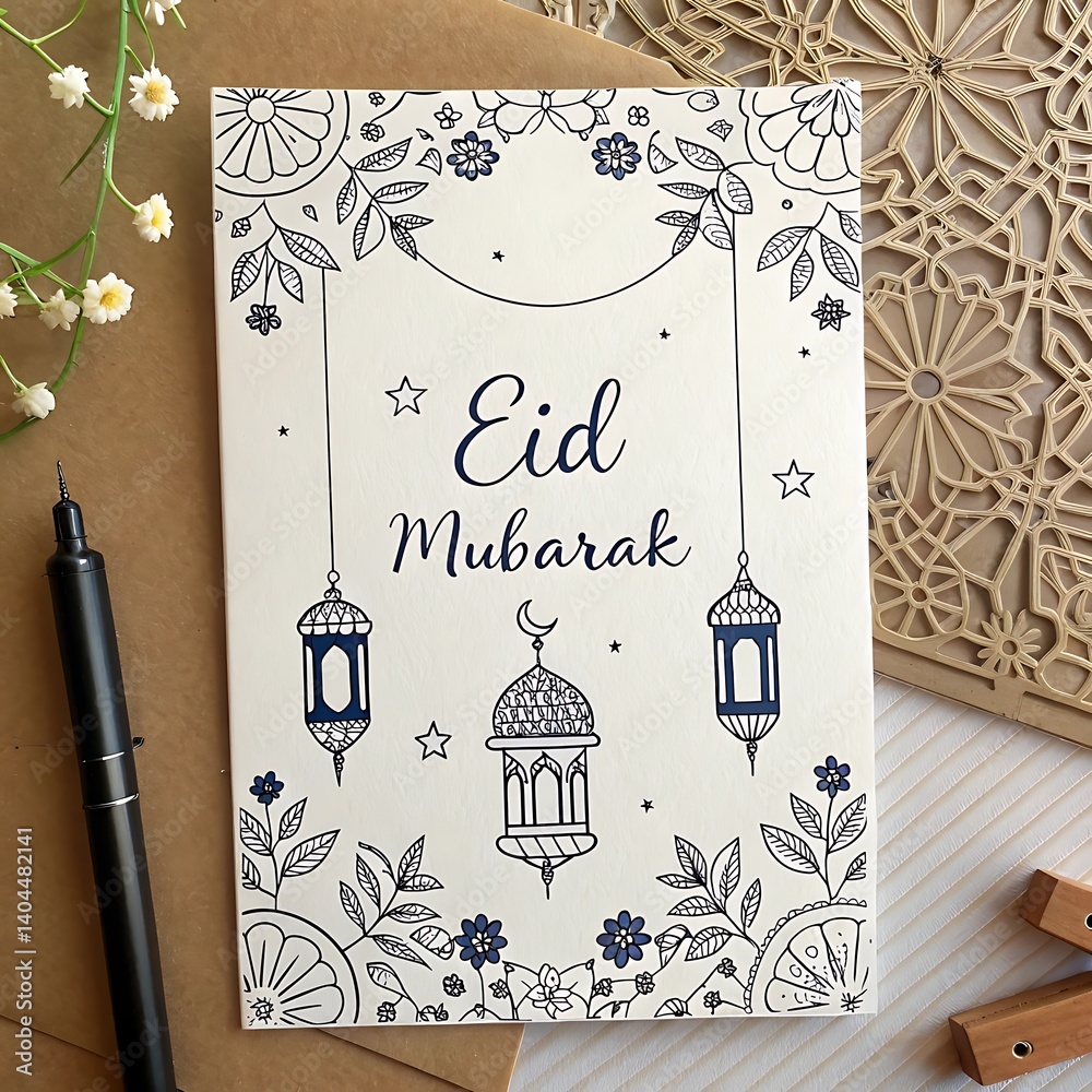 Simple Eid Mubarak card layout with stylized lanterns, linear Islamic ...