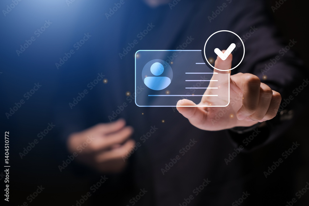 human hand holding digital identification card, with Checkmark Icons ...