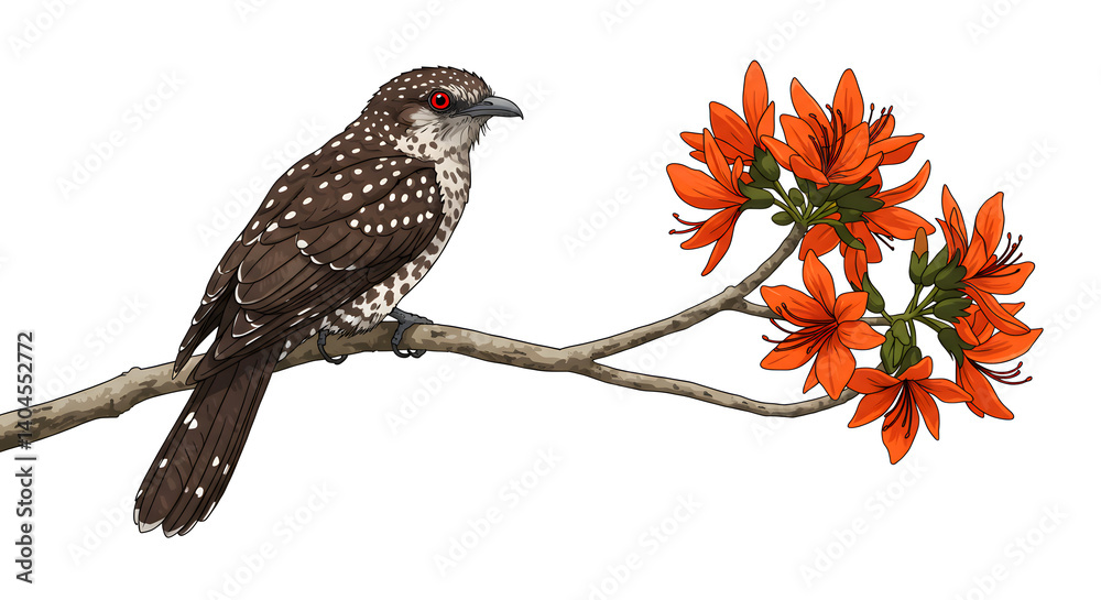 Realistic Asian Koel Perched on Flame Tree Branch with Vibrant Red ...