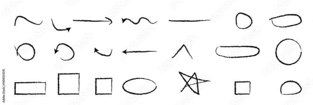 Group of chalked arrows and frames. Hand drawn black charcoal symbols ...
