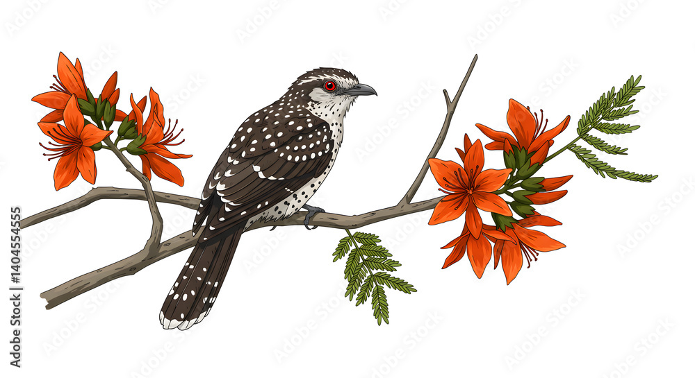 Realistic Asian Koel Perched on Flame Tree Branch with Vibrant Red ...