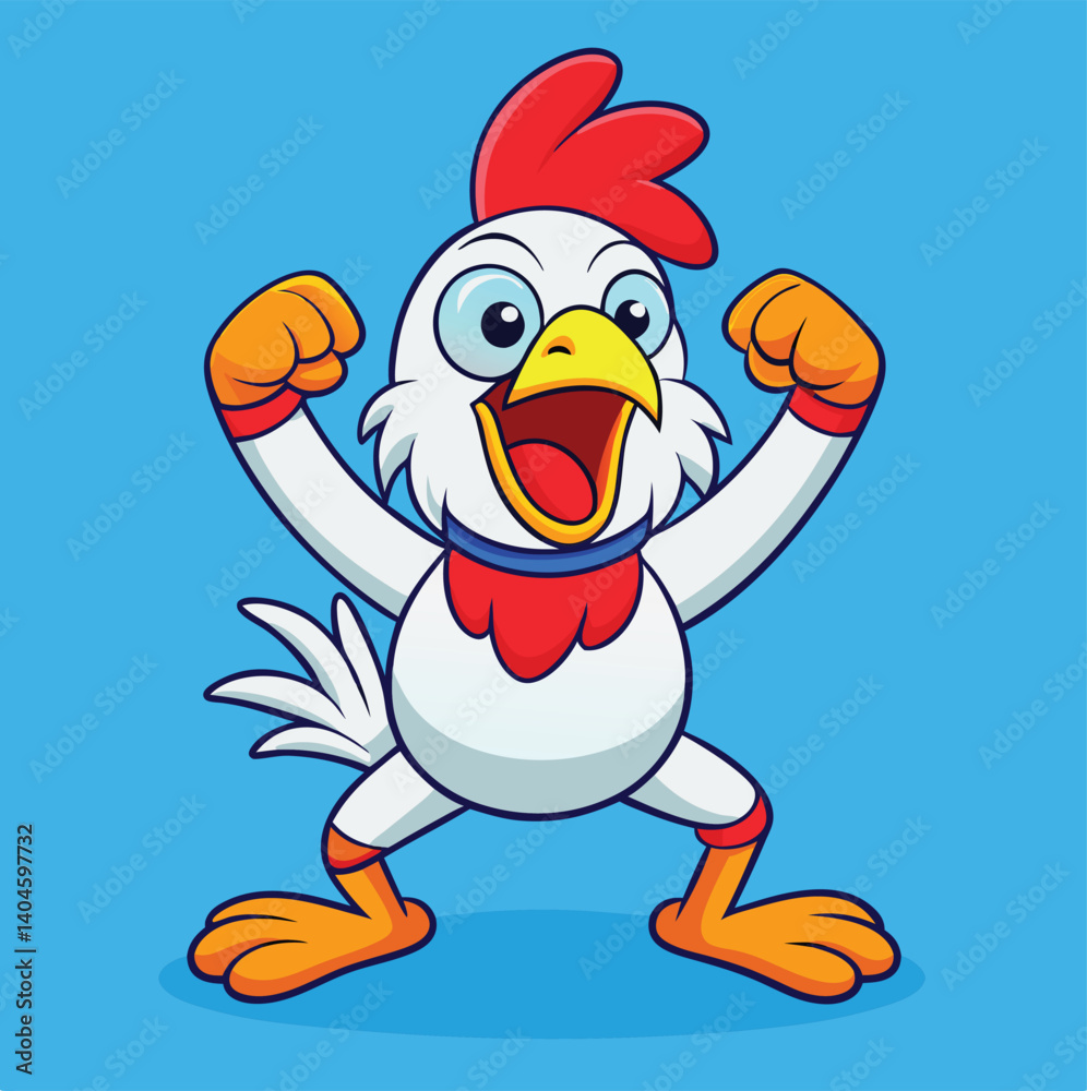 Cartoon Chicken Mascot Celebrating Success With Raised Fists Against A ...