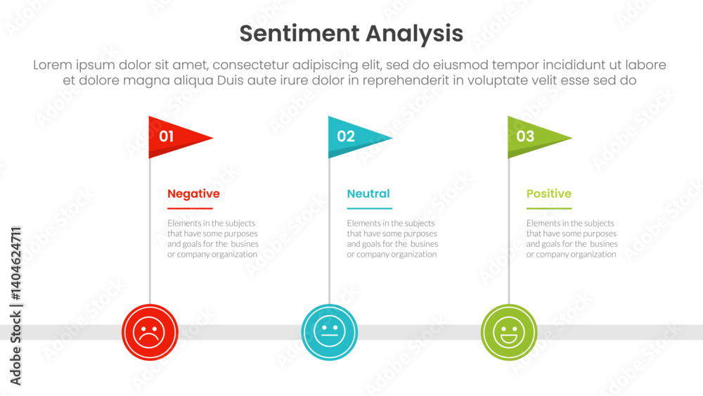 sentiment analysis infographic 3 point with timeline flag horizontal for slide presentation ...