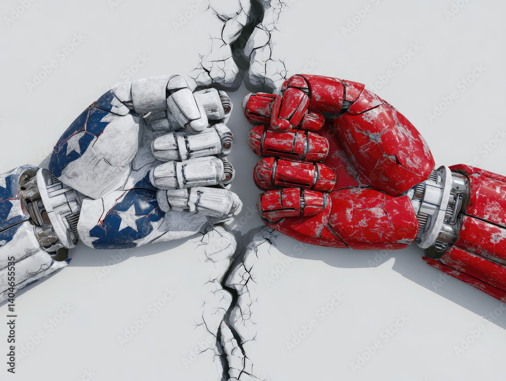 c. Visual metaphor of a breaking silicon wafer between two robotic ...