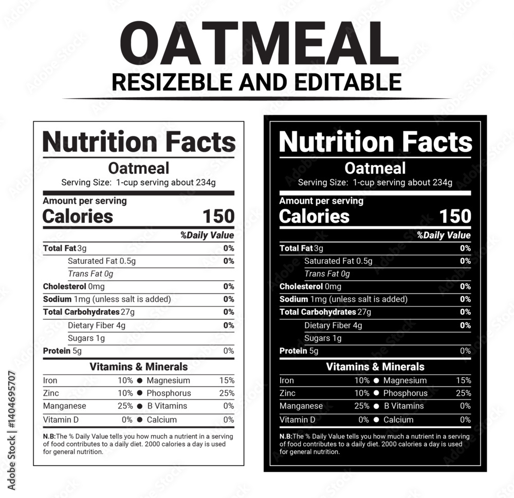 Oatmeal nutrition facts, cooked oatmeal label, food nutrition label ...