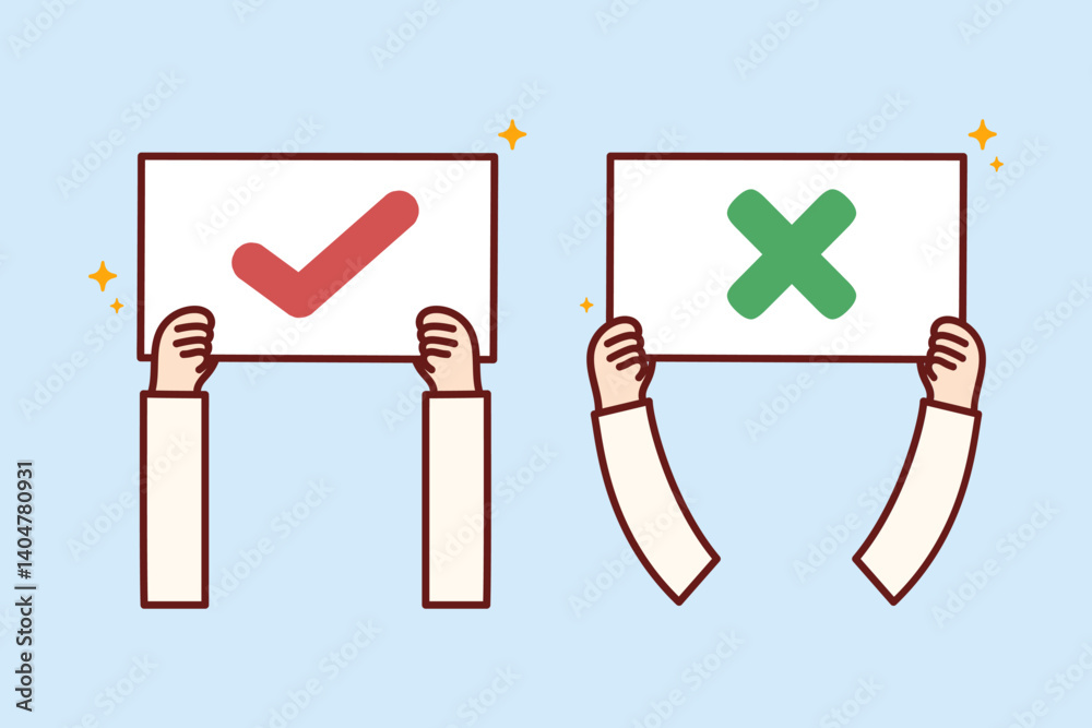 Cute Hand Cartoon Holding Sign of Right and Wrong Symbols on Sign ...