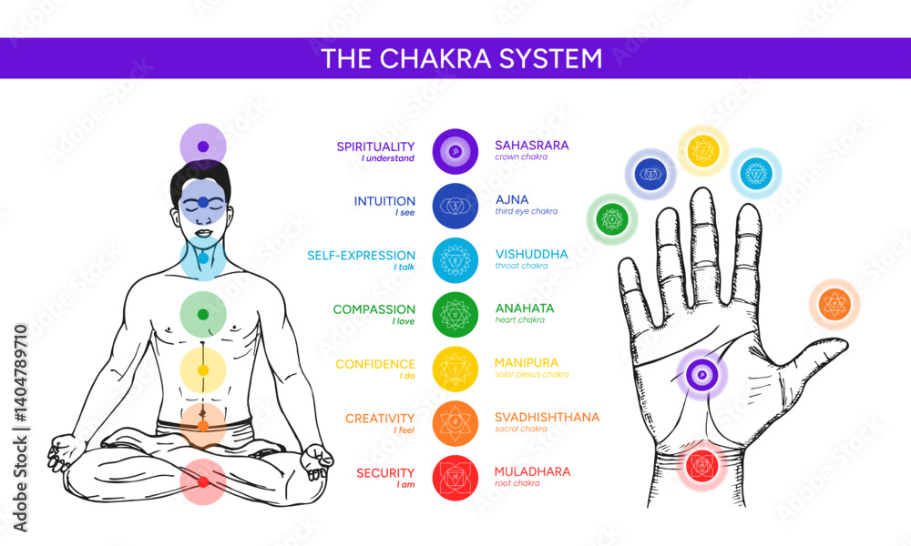 Chakras on a hand palm infographic vector illustration. Silhouette of male human body in a lotus ...