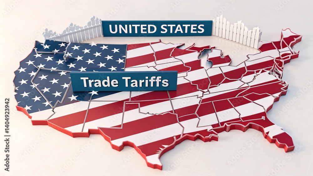 The us map with trade tariffs visualized using flags and a barrier to ...