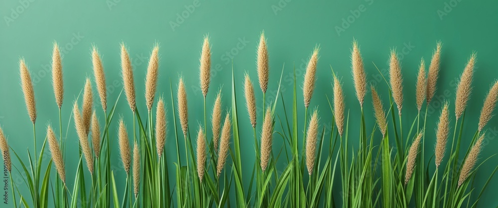 natural grass blades on green plain background for wide banner design ...
