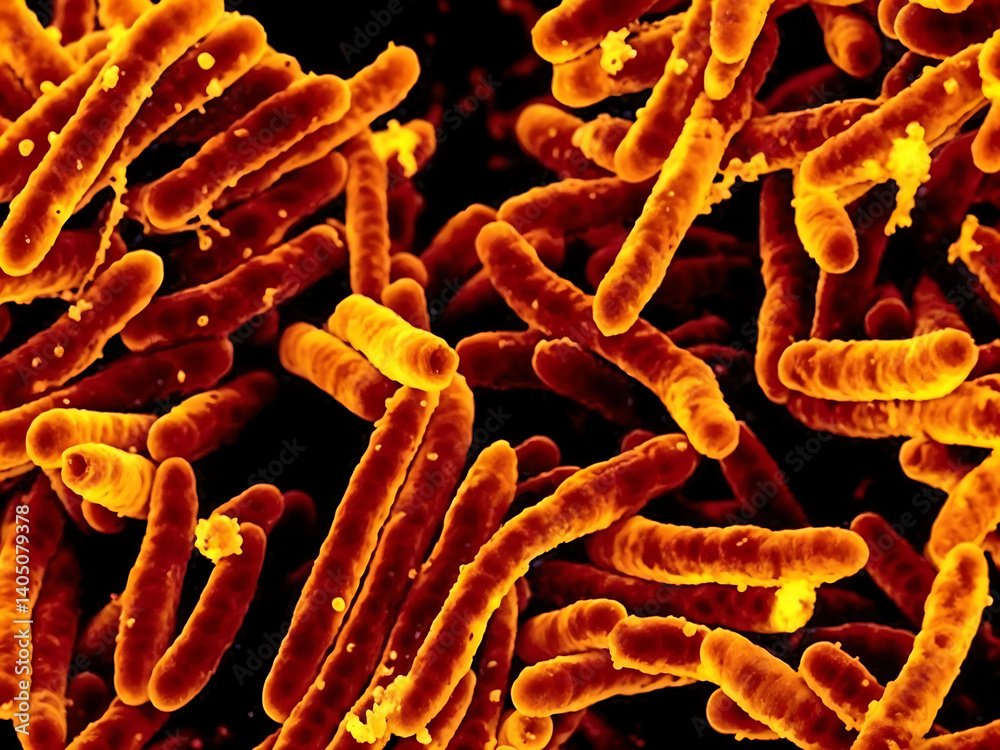 Microscopic view of rod-shaped orange bacteria clustered against dark ...