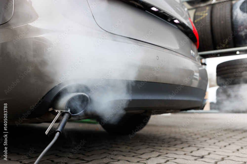 Car exhaust pipe emits dense smoke during emission test on city ...