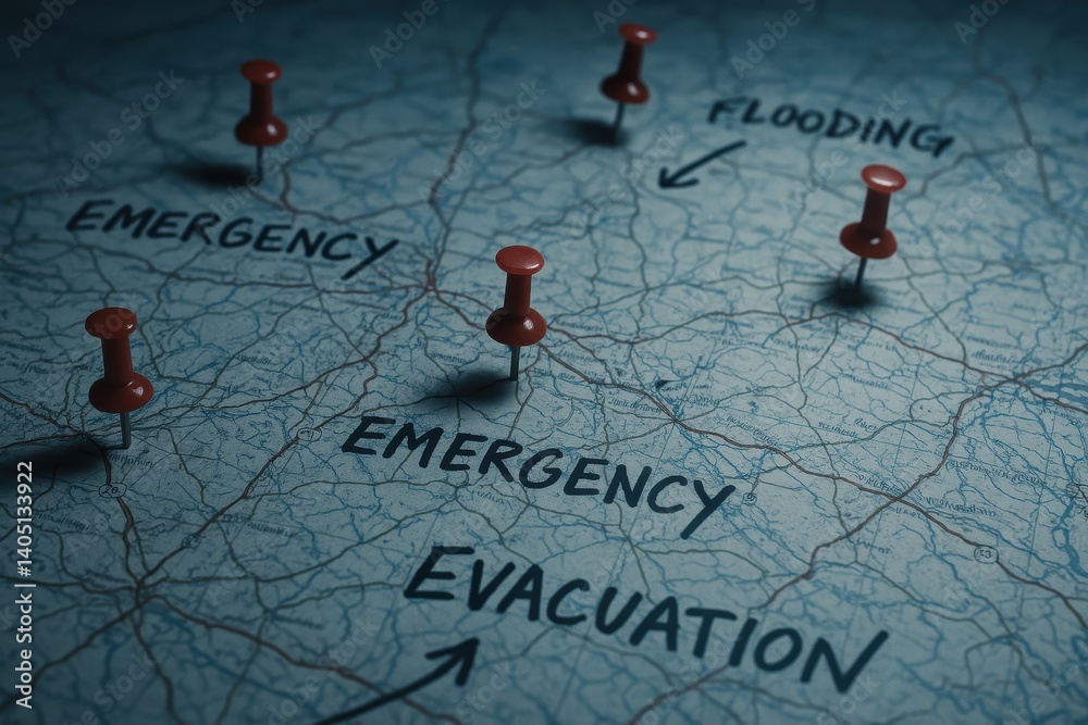 Foto de Stock Emergency evacuation map with marked flooding zones and ...