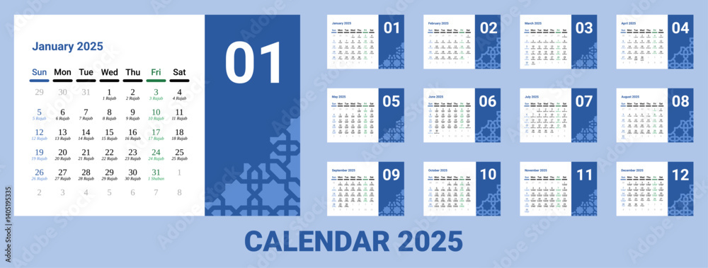 Desk Calendar 2025 with Islamic Hijri calendar . Calendar 2025 with ...