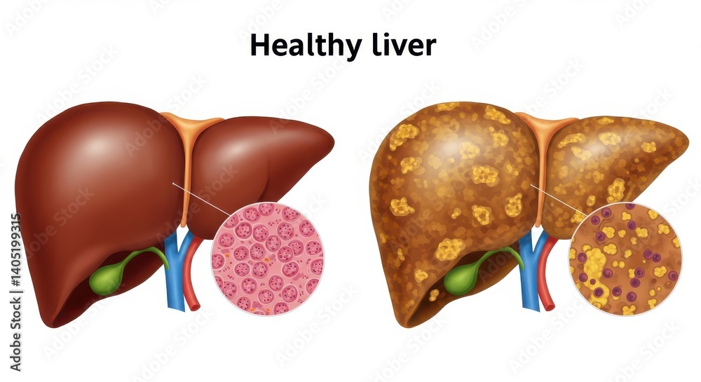 Comparison of a healthy liver and a liver with cirrhosis showing cell structure differences ...
